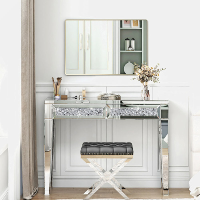 Mirrored Vanity Table Diamond Inlay 2 Drawer